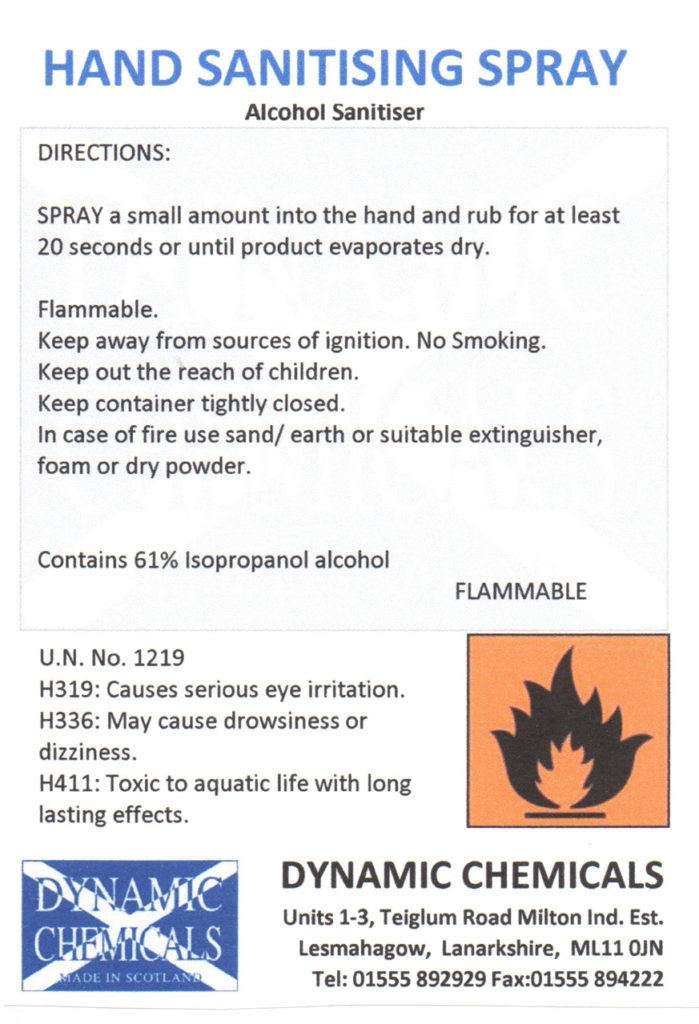 Alcohol hand sanitiser – Anti-bacterial hand spray – Dynamic Chemicals